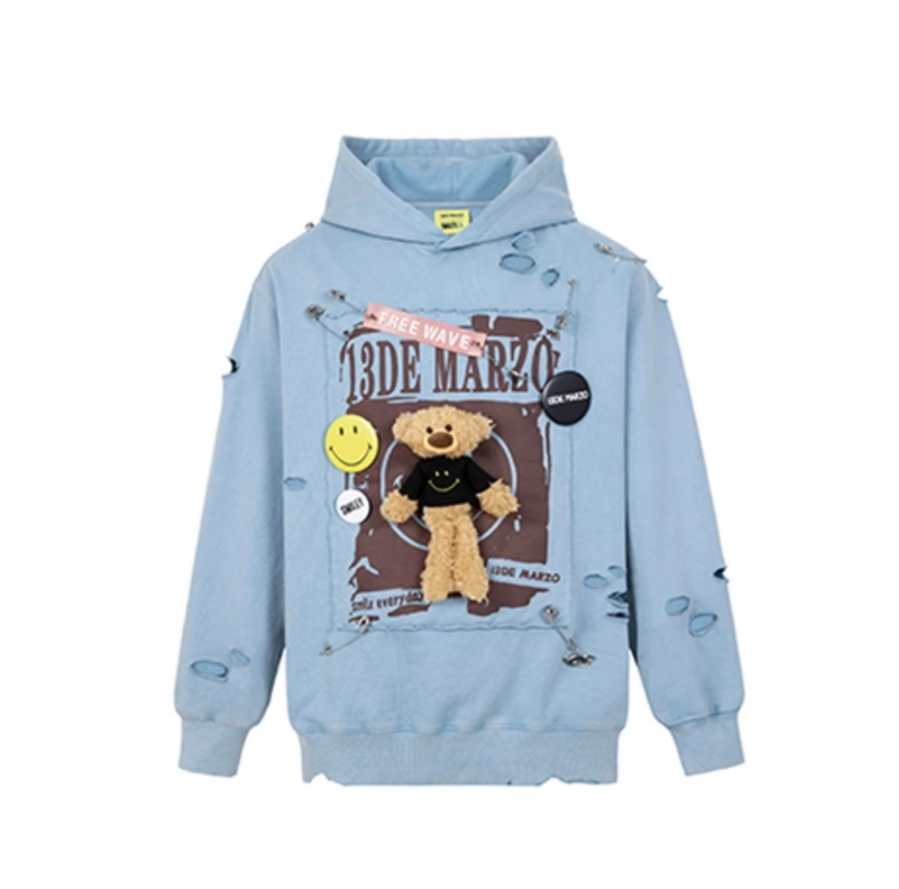 13 DE MARZO BROKEN PIN BADGE BEAR HOODIE BLUE – 8pm Canada Store